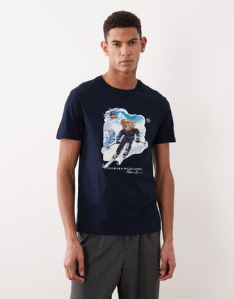 Polo Ralph Lauren T-shirt ajust&eacute; avec logo Polo Bear au ski - Bleu marine