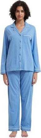 Global Ensemble de Vêtements de Nuit Longs en Coton pour Femme, Chemise à Manches Longues avec Poche, Bas de Pyjama, Ensemble Deux Pièces Bleu Clai M