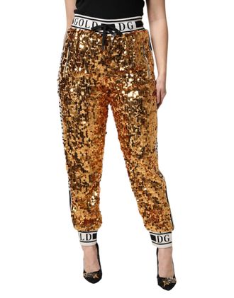 Dolce & Gabbana Womens Sequined Logo Jogger Gold Polyester