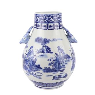 Ori&euml;ntique Chinesische Vase Blau Wei&szlig; Porzellan D21xH29cm China Dekorative Blumenvase Orientalische