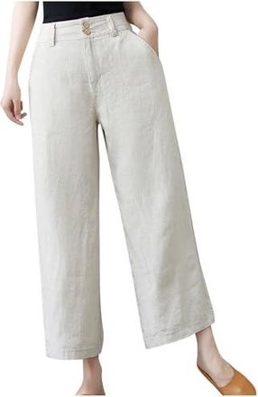 Generic Pantalon Droit Lin Femme Uni &agrave; Boutons Solide Ample Jambe Droite Palazzo Pantalon Taille Haute Extensible D&eacute;contract&eacute;s Pantalons D&eacute;t&eacute; en Lin avec Poch