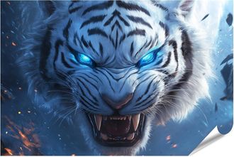 Islandburner Prime Bild Poster Wei&szlig;er Tiger mit blauen Augen und Feuerfunken Premium Bilder Fotodruck