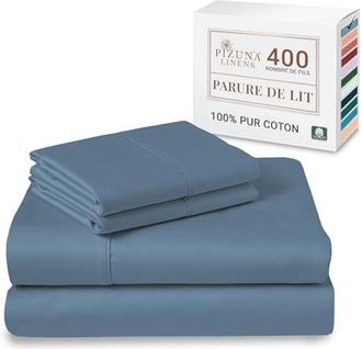 Pizuna Coton Peign&eacute; Parure de Lit 140x200 cm Bleu poussi&eacute;reux, 100% Coton Longue dur&eacute;e 400 Fils de Satin Comprend 1 Drap Housse, 1 Drap Plat, 2 Taie doreille