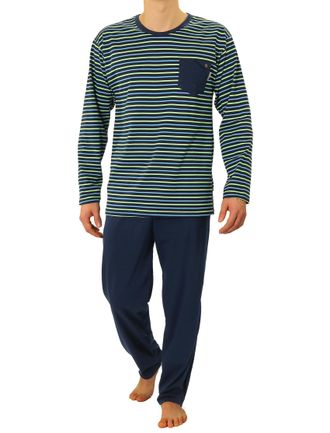 Sesto Senso Herren Schlafanzug Gestreift Lang Pyjama 100% Baumwolle Langarm Shirt mit Tasche Pyjamahose Nachtwäsche Blau Grün Dunkelblau XXL 02 K76L