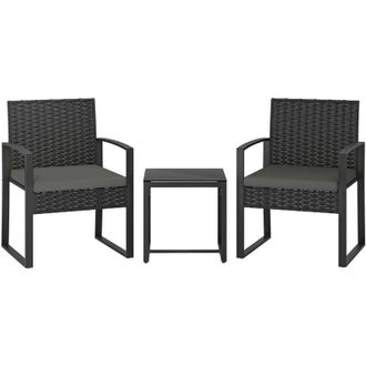 OUTSUNNY Salon de jardin ext&eacute;rieur - Outsunny - 2 personnes - table de jardin et 2 chaises - plateau en verre tremp&eacute; - r&eacute;sine tress&eacute;e - noir