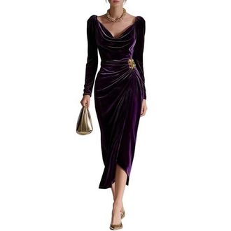Generic Robe en velours pour femme avec col b&eacute;nitier - Manches longues - &Eacute;l&eacute;gante robe fronc&eacute;e moulante pour cocktail, f&ecirc;te dautomne, violet fonc&eacute;, XXL