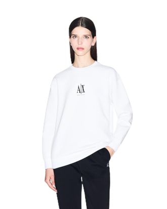 A|X Armani Exchange Damen Icon Project, Embroidered Logo, Crewneck Sweatshirt, Optic White, XL