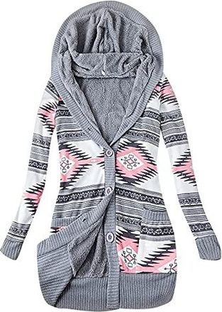 Generic Gilet Femme Grande Taille - Manteau à Capuche pour Dames Chaud Hiver imprimé Cachemire tricoté épais Bouton vers Le Haut Grande Taille mi-Longueur Man