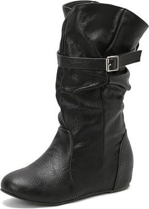 Generic Bottes déquitation vintage pour femme, style western cowgirl mi-mollet plissé, bout rond, talon compensé caché, Noir, 37.5 EU