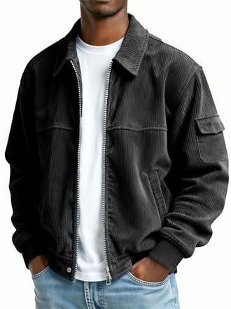 Generic Veste d&eacute;contract&eacute;e en velours c&ocirc;tel&eacute; pour homme - Veste l&eacute;g&egrave;re &agrave; manches longues et col zipp&eacute; avec poches, Noir, 3XL