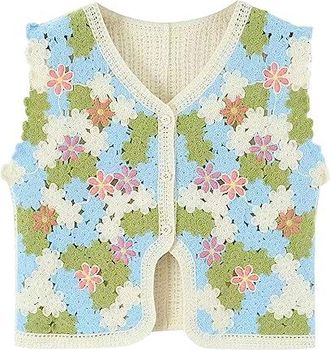 Generic Gilet en tricot sans manches pour femme - Couleur contrast&eacute;e - Style d&eacute;contract&eacute; - Motif floral, Vert, Taille unique