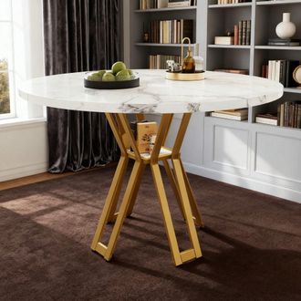 Generic Runder Esstisch 100×100×76 cm | Marmorierte MDF-Platte & Schwarze Beine | Leichter Luxustisch für 4-6 Personen | Für Esszimmer & Wohnzimmer (Golden + 