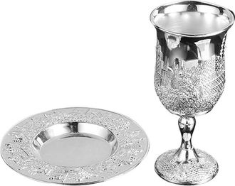 Pretyzoom Silberplattiertes Pessach Kidduschbecher Set Mit Untertasse - Judaica Weinbecher F&uuml;r Schabbat Und J&uuml;dische Feiertage - Festliches Wein Pr&auml;sent Geschen
