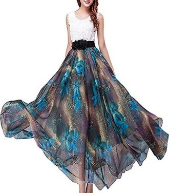 Missmao Jupe Longue Femme Fleur Imprim&eacute; Taille &Eacute;lastique Fluide En Tull Pliss&eacute;e Imprim&eacute; Floral &Eacute;vas&eacute;e &Eacute;t&eacute; En Mousseline de Soie Ample Jupe Pliss&eacute; de Plage El&eacute;