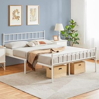 Yaheetech Metallbett 140 x 200 cm Bettrahmen mit Kopfteil Bettgestell aus Metall G&auml;stebett mit Lattenrost f&uuml;r Schlafzimmer G&auml;stezimmer Wei&szlig;