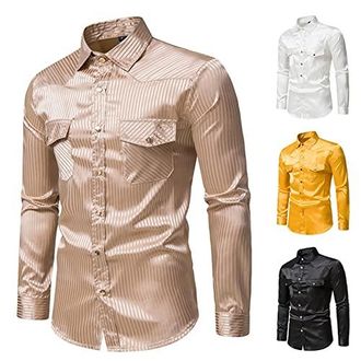 Generic Chemise en soie pour homme, chemise en satin tendance unie boutonn&eacute;e avec poche &agrave; rabat, tenue d&eacute;contract&eacute;e ckassique, tenue professionnelle, &eacute;l&eacute;gante