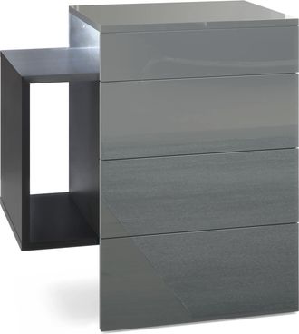 Vladon Nachttisch Queens, Made in Germany, Nachttischschrank mit 2 Schubladen und 1 seitlichem Fach zur Wandmontage, Schwarz matt/Grau Hochglanz, inkl. LED U