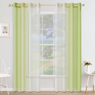Miulee 2er Set Voile Vorhang Zweifarbiger Vorhang mit Ösen Transparente Gardine Ösenschal Fensterschal Lichtdurchlässig für Schlafzimmer, 140x175cm, Grün