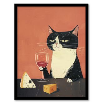 Artery8 Tuxedo Cat Drinking Wine with Cheese Painting For Kitchen Artwork Framed Wall Art Print A4