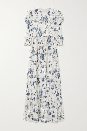 Erdem Robe Aus Chiffon Mit Blumenprint, R&uuml;schen Und Plissee - Wei&szlig;