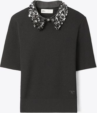 Tory Burch Damen Kurzärmeliges Top mit verziertem Kragen