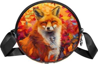 Generic Petit sac &agrave; bandouli&egrave;re circulaire pour femme, motif feuilles dautomne, renard, sac &agrave; dos avec fermeture &eacute;clair, bretelles r&eacute;glables, sac &agrave; main rond 