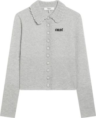 Chlo&eacute; Femme, Pulls, Gris, Taille: 40 FR Fitted Logo Cardigan