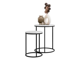 Mirjan24 Couchtisch Ozevro - 2er Set runde Sofatische, 2-in-1 Wohnzimmertische & Beistelltische, Moderne Kaffeetische mit Metallrahmen (Schwarz/Marmor Wei&szlig;)