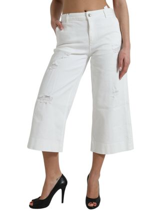 Dolce & Gabbana Womens White Cotton Cropped Wide Leg Denim Jeans Elastane Clothing