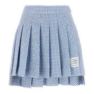Thom Browne Femme, Jupes, Bleu, Taille: 40 FR Gingham Cotton Tweed Pleated Skirt