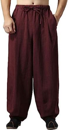 Generic Pantalon décontracté en lin pour homme, coupe ample, cordon de serrage élastique, taille haute, jambes droites, pour la plage, lété, le yoga, la plage