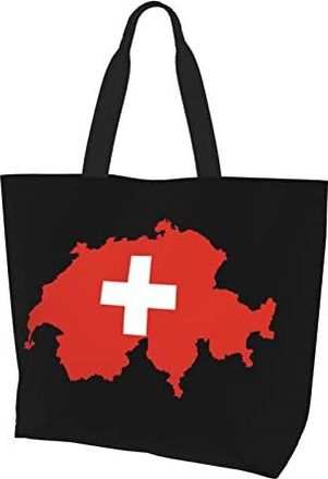 AOOEDM Sac &agrave; provisions r&eacute;utilisable en toile pour dames avec drapeau de la Suisse