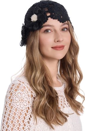 ZLYC Damen Mädchen Mütze Handgemachte Sommermütze Strickmütze, Schwarze dekorative Blumen, One Size