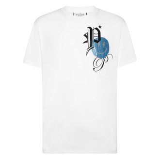 Philipp Plein Homme, Tops, Blanc, Taille: 2XL T-Shirt Col Rond Smile