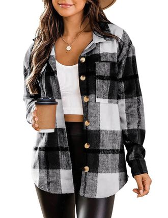 Zeagoo Damen Flanell Hemdjacke Karierte Hemdbluse Blusenjacke mit Taschen Knopfleiste Shacket Karo Oberteile Langarm Übergangsjacke Westernhemd Herbst Winter