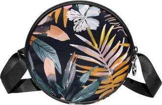 Generic Petit sac &agrave; bandouli&egrave;re circulaire pour femme, motif feuilles florales, sac &agrave; dos avec fermeture &eacute;clair, bretelles r&eacute;glables, sac &agrave; main rond d&eacute;contra