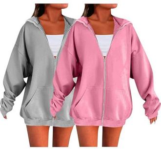 Generic Lot de 2 sweats à capuche surdimensionnés pour femme - Couleur unie - Fermeture éclair - Cardigan à manches longues - Style décontracté - Tendance - A
