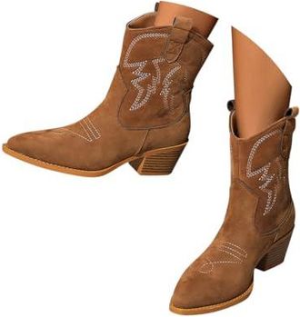 Minetom Femme Western Bottines De Cowboy Brodée Chaussures De Cowgirl Bottes Courtes En Daim À Talons Carrés C Marron 37 EU