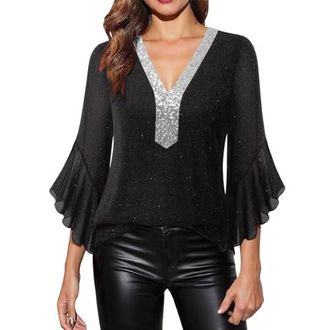 Generic Haut &agrave; paillettes scintillantes pour femme, haut de soir&eacute;e &eacute;l&eacute;gant, l&eacute;ger &agrave; manches &eacute;vas&eacute;es, col en V, chemisier en maille double couche, chemisier ba