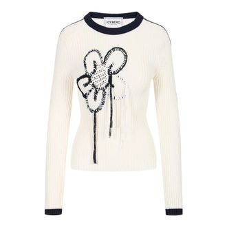 Iceberg Femme, Pulls, Beige, Taille: 38 FR Pull Ras du Cou en Coton C&ocirc;tel&eacute; avec Broderie Florale