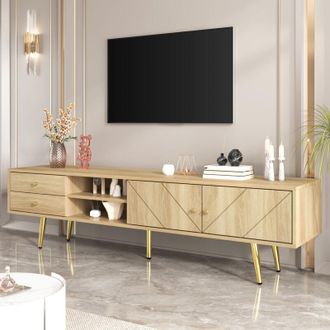 STILVORA Meuble TV avec 2 Portes, 2 Tiroirs et 2 Niches Ouvertes, Pieds M&eacute;tal Dor&eacute;, Style Moderne, 160&times;36&times;42 cm, Bois