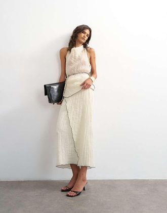 Topshop Jupe portefeuille mi-longue densemble effet froiss&eacute; &agrave; surpiq&ucirc;res contrastantes - &Eacute;cru-Blanc