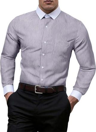 Generic Chemises &agrave; rayures pour homme UK &agrave; manches longues boutonn&eacute;es d&eacute;contract&eacute;es col revers personnalis&eacute; grande taille doux respirant costume de sport pour