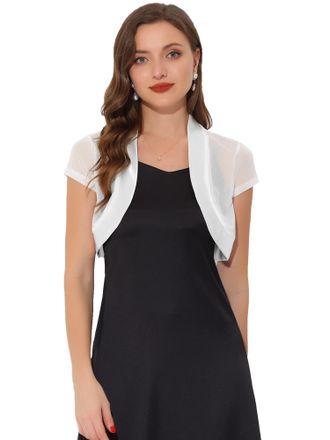 Allegra K Damen Bolero Kurzarm Offen Durchsichtig Mesh Crop Jacke T&uuml;ll Satin Boleros Wei&szlig; L