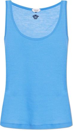 Versace Femme, Tops, Bleu, Taille: 38 FR D&eacute;bardeur en laine c&ocirc;tel&eacute;e brod&eacute;e