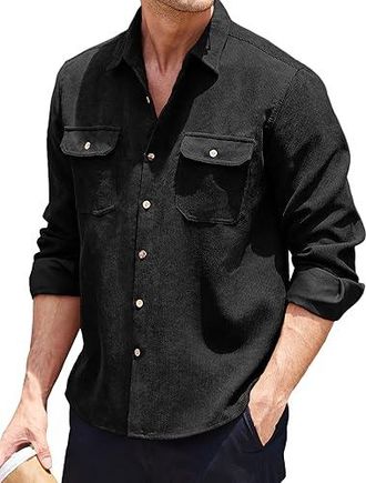 Coofandy C Chemise décontractée en velours côtelé à manches longues avec poche de poitrine pour homme, Noir, XL