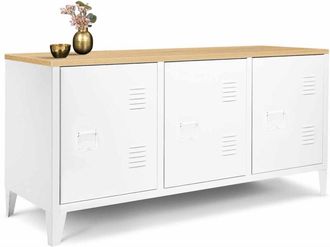 IDMarket Idmarket - Niedriges Sideboard 113 cm ester 3 T&uuml;ren Metall wei&szlig; Holzplatte Industriedesign
