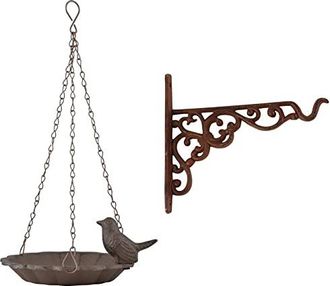 Esschert Design Fallen Fruits Ltd FB378 Hängende Badewanne (1 Vogel), Braun, 28,5 x 16 x 16 cm & Esschert Design Hängevorrichtung, Haken für Hanging Basket S, Rostbra