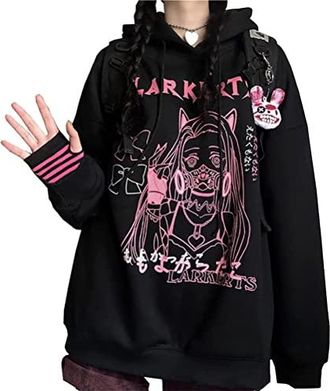ORANDESIGNE Anime Manche Longue Sweat à Capuche Femme Gothique Pull Fille Kawaii Vetement E-Girl Harajuku Vintage Sweatshirt I Noir XL