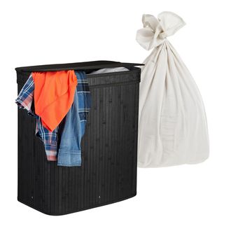 Relaxdays W&auml;schekorb mit Deckel, 3 F&auml;cher, Bambus, 105 l, faltbar, HxBxT: 63 x 52 x 32 cm, W&auml;sche Sortiersystem, schwarz